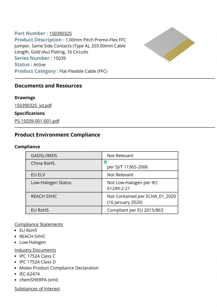 Molex 1.00 mm pitch FFC family specification page 1