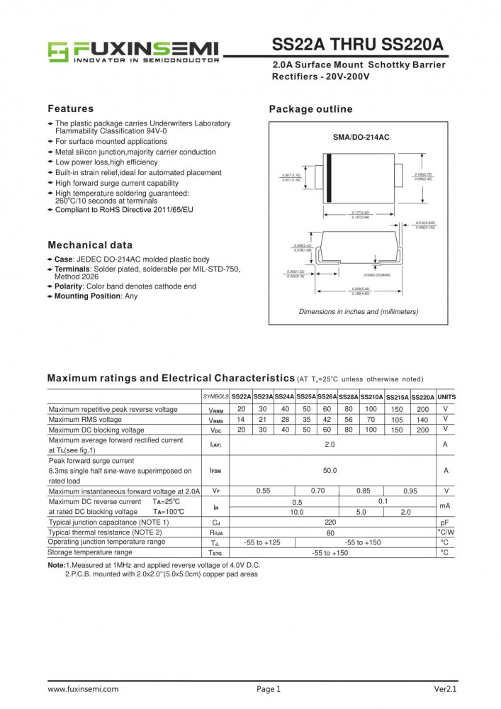 SS210A datasheet page 1
