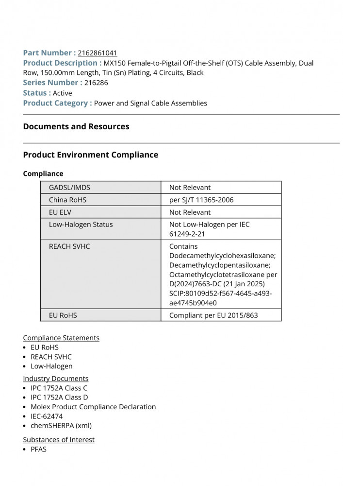 Technical document page 1 for MOLEX 2162861041