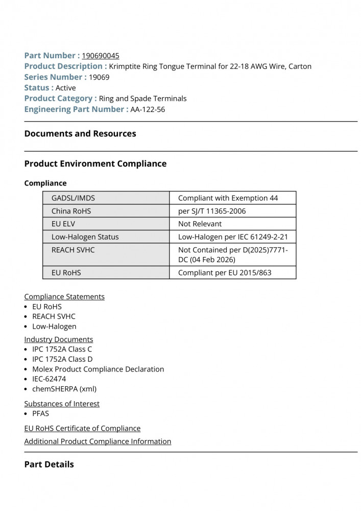 MOLEX 190690045 product document image 1