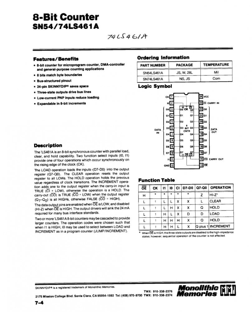 SN74LS461A technical document page 1