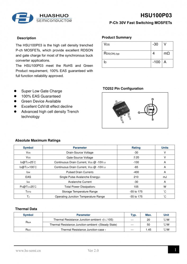 HSU100P03 technical document page 1