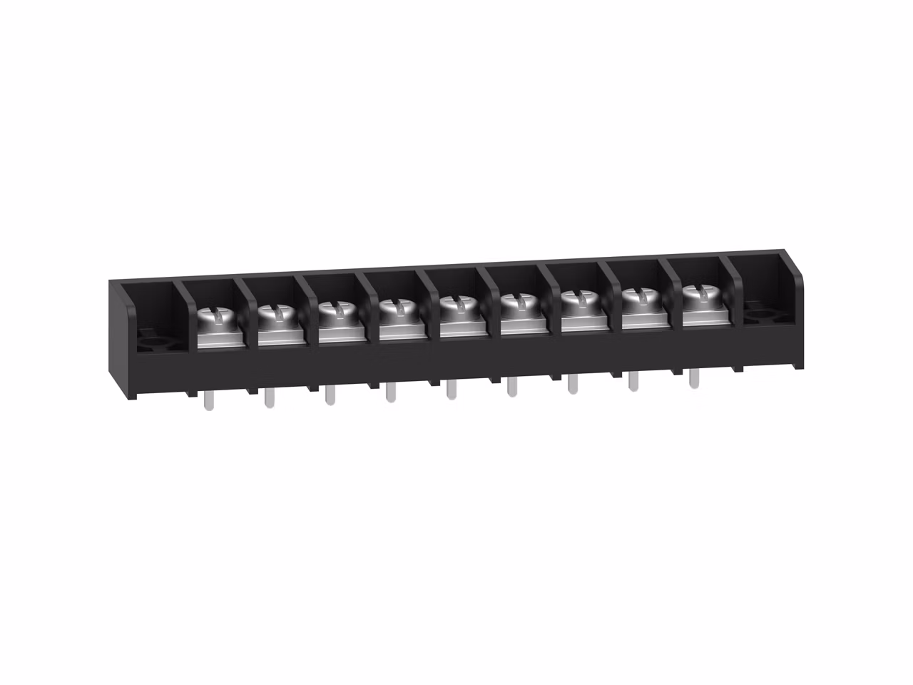 8.26mm Pitch, Single Row, Tri-Barrier Terminal Strip, with Mounting Ends, Black, Steel Screws, 10 Circuits