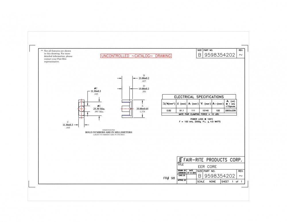 Fair-Rite 9598354202 EER core drawing