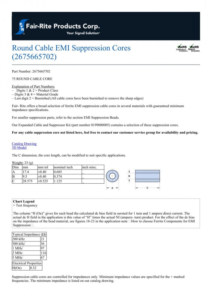 Fair-Rite 2675665702 catalog drawing and dimensions