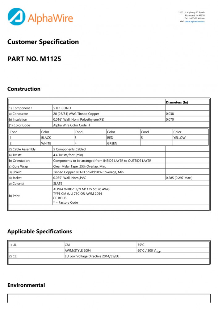 Alpha Wire M1125 SL002 technical document page 1
