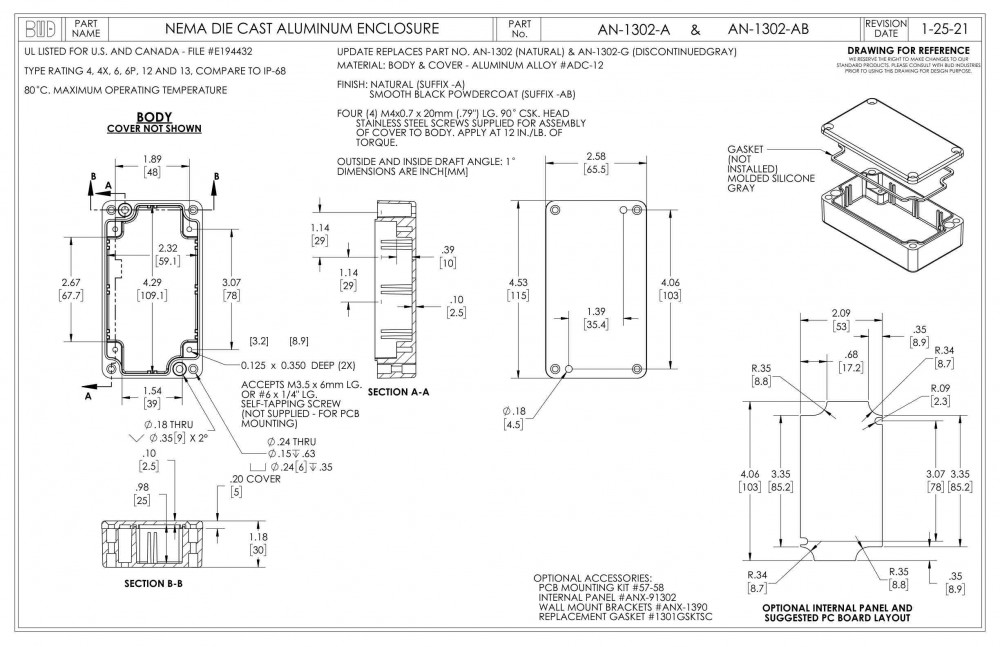 Bud Industries AN-1302-A enclosure product drawing