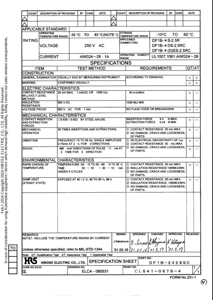 HRS DF1B-2428SC specification sheet