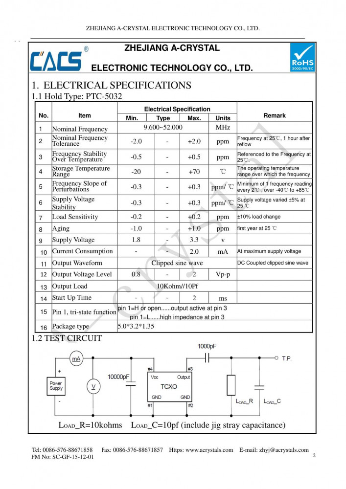 PTC5032 specification document page 2
