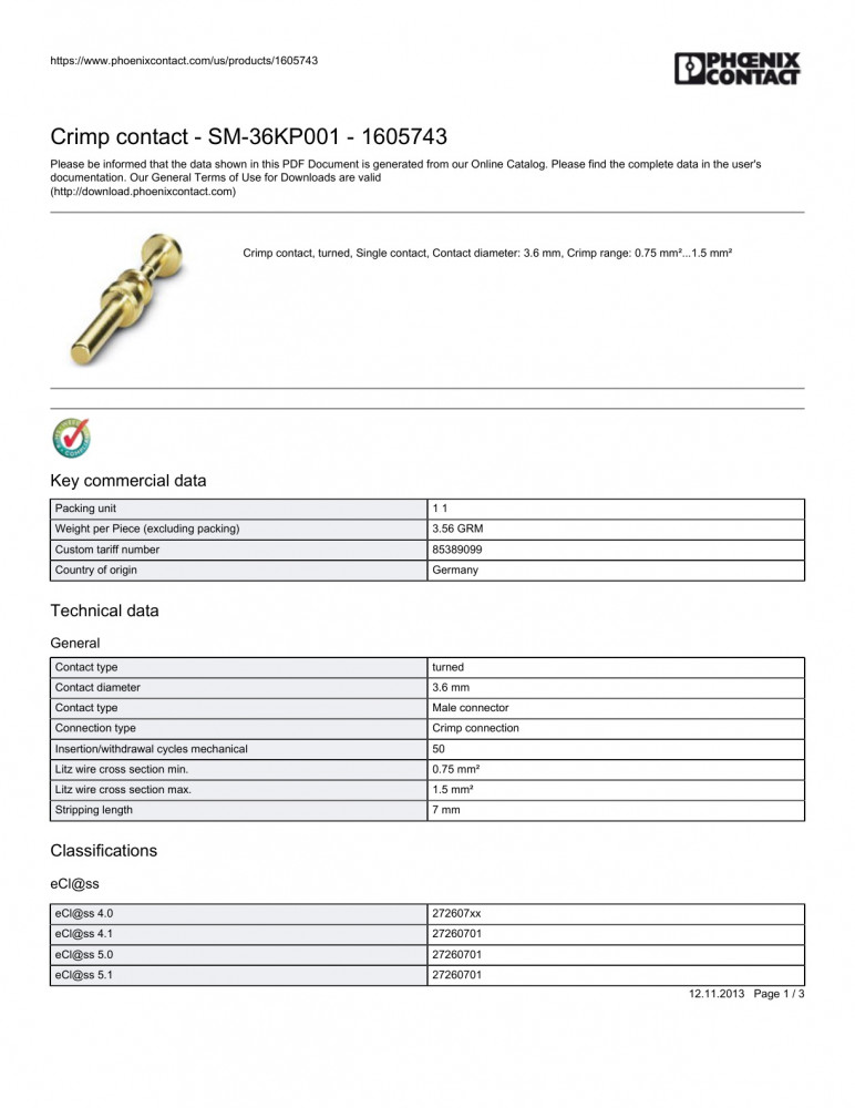 Phoenix Contact 1605743 product document page 1