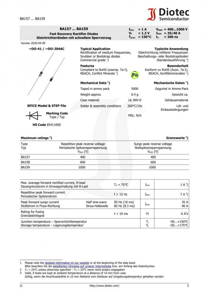 DIOTEC BA159 datasheet page 1