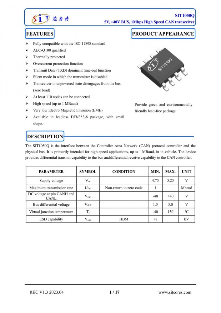 SIT1050QT datasheet page 1