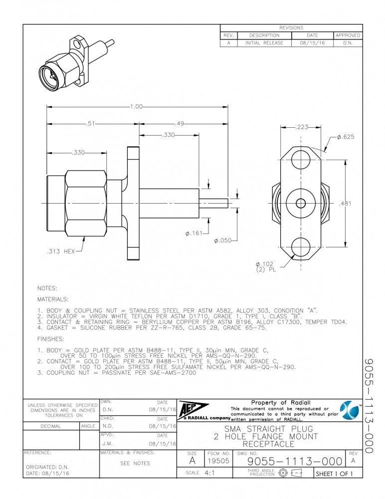 Radiall 9055-1113-000 product drawing image