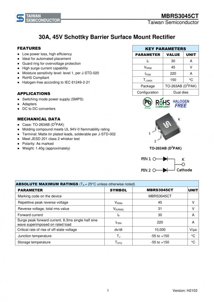 MBRS3045CT datasheet page 1