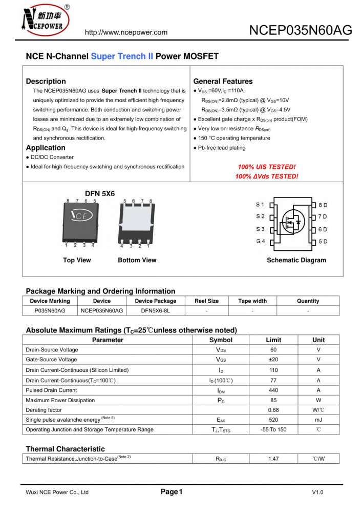 NCEP035N60AG datasheet page 1