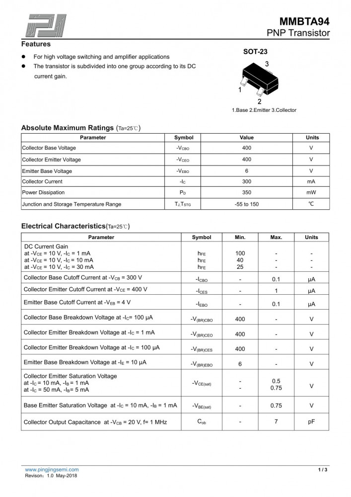 MMBTA94 technical document page 1