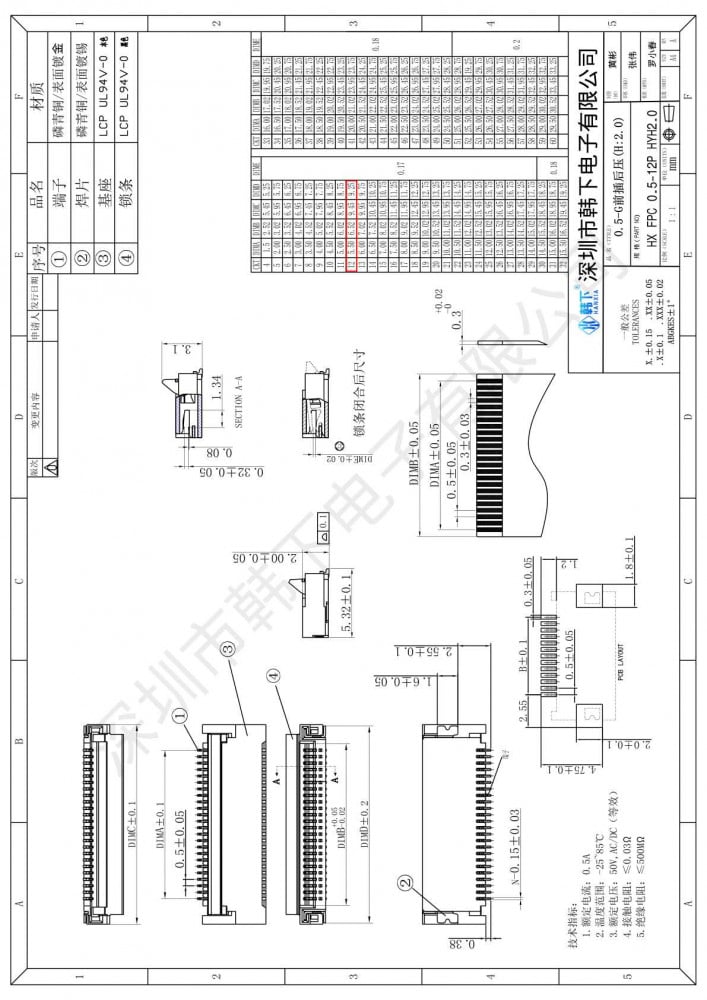 HX FPC 0.5-12P HYH2.0 specification page 1
