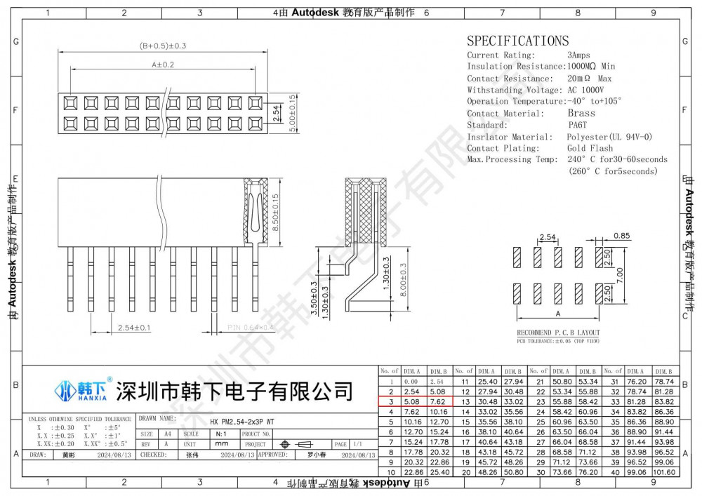 HX PM2.54-2x3P WT manufacturer drawing