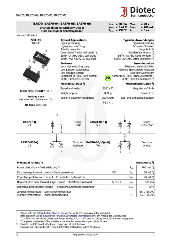 DIOTEC BAS70-05 datasheet page 1