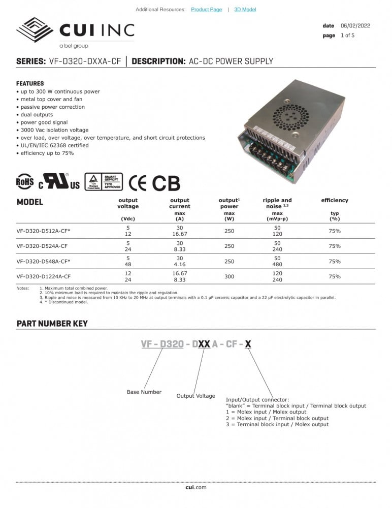 CUI VF-D320-D1224A-CF datasheet page 1