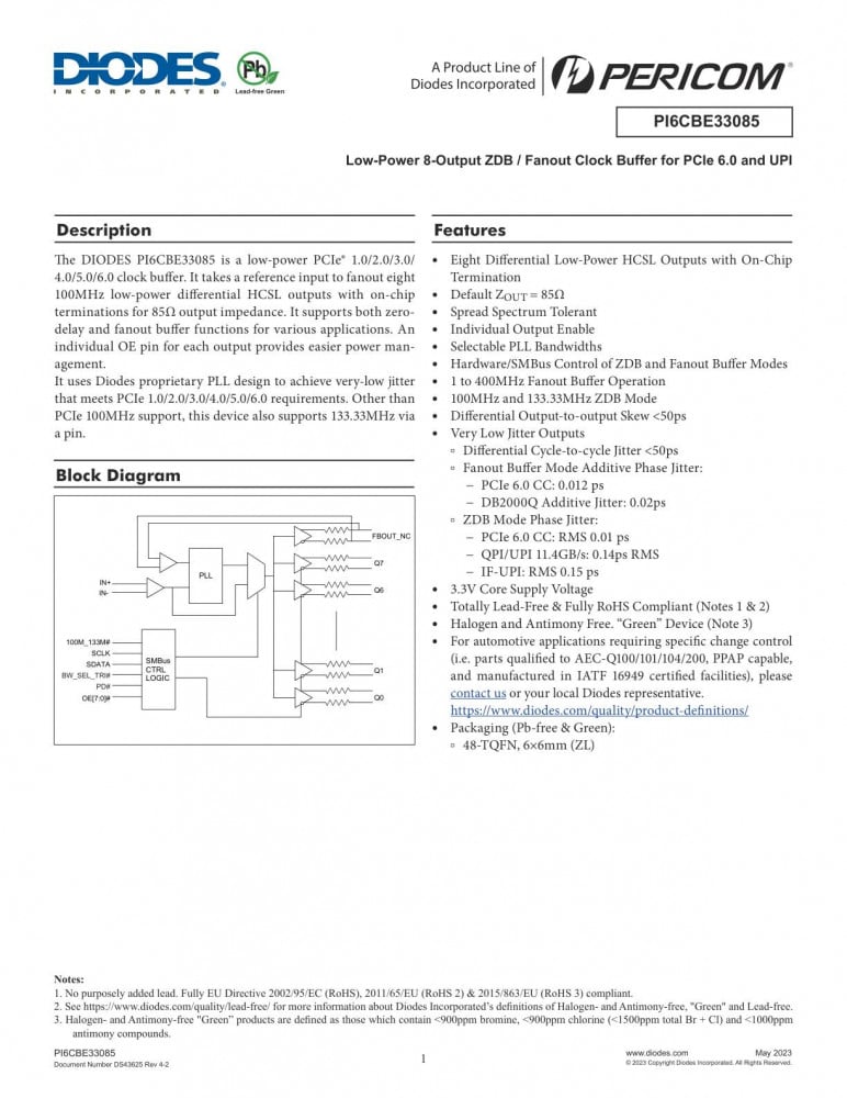 PI6CBE33085 datasheet page 1