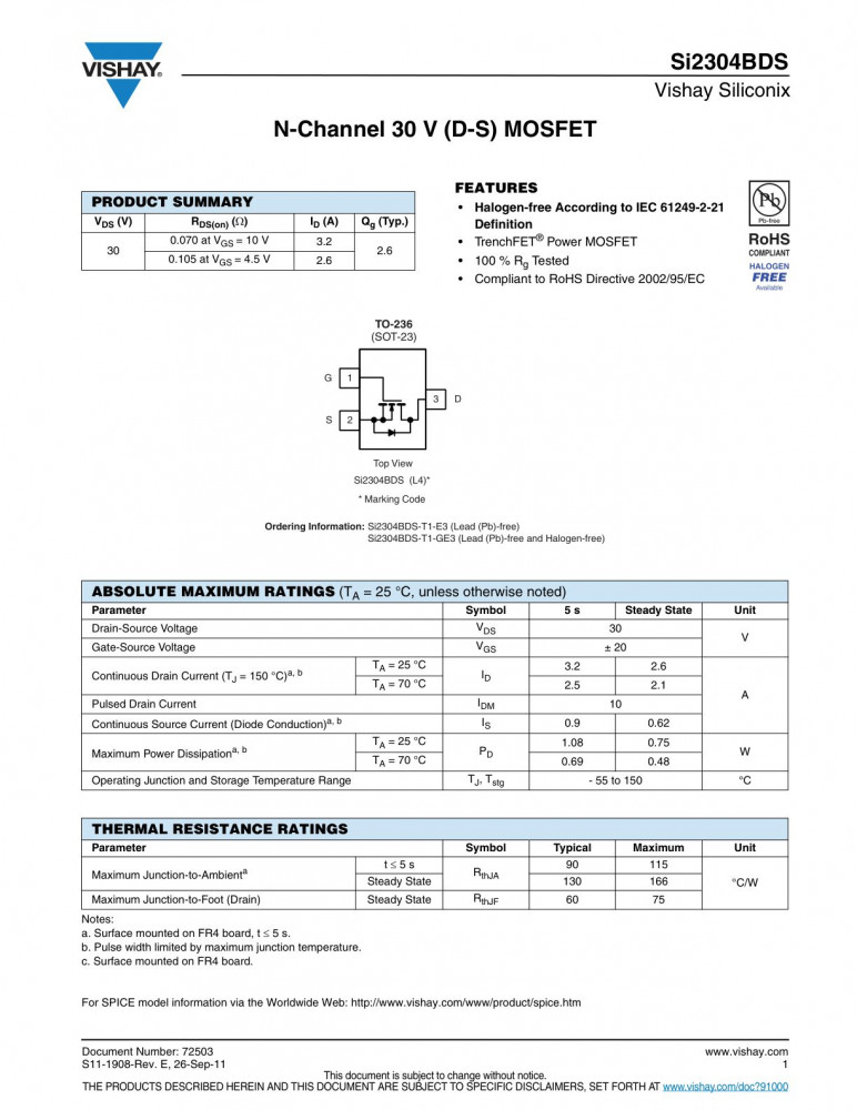 SI2304BDS-T1-GE3 technical document page 1