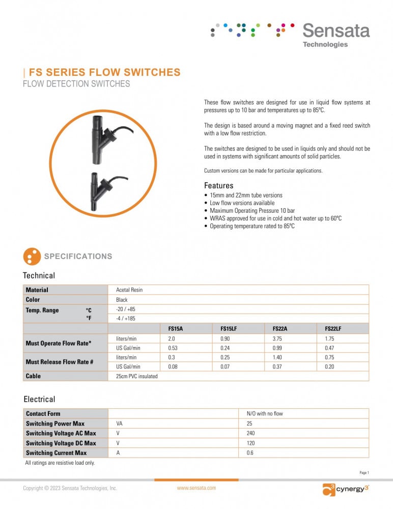 Sensata FS Series flow switch datasheet page 1