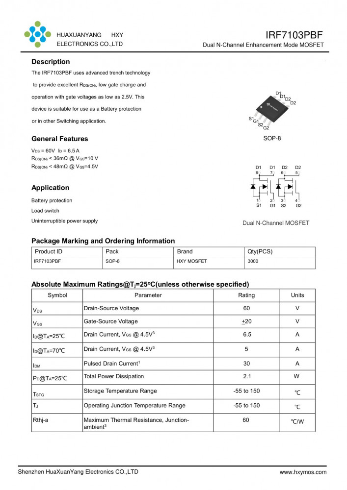 IRF7103PBF-HXY datasheet page 1