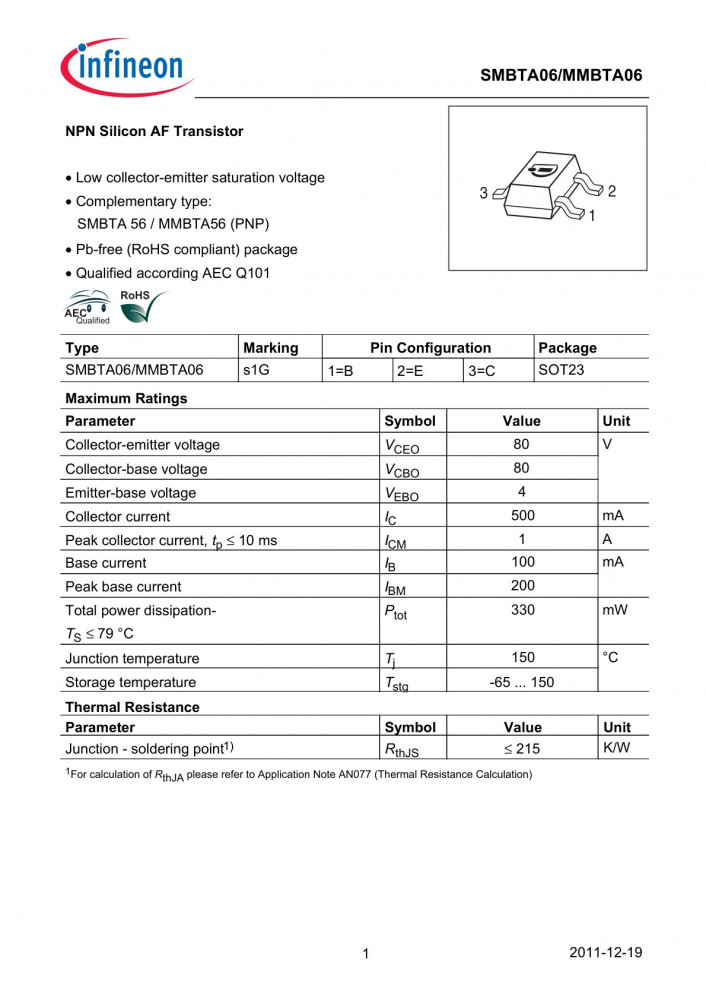 Infineon SMBTA06 technical document page 1
