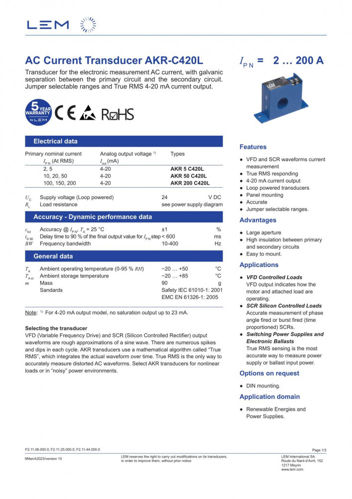 AKR200C420L product document page 1