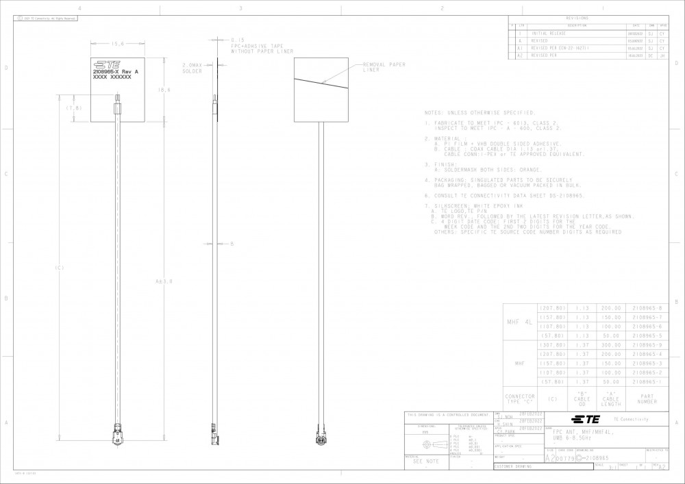 TE Connectivity customer drawing visual for the 2108965 antenna assembly