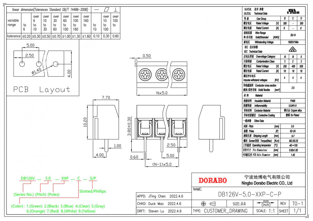 DORABO DB126V-5.0 terminal block technical drawing