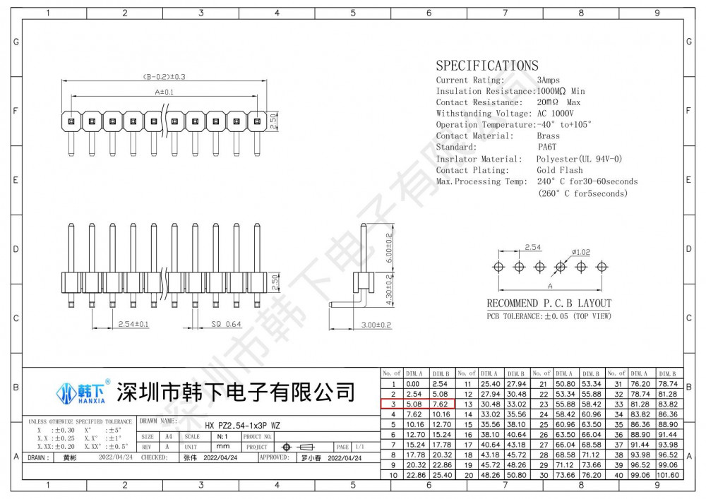 HX PZ2.54-1x3P WZ technical drawing