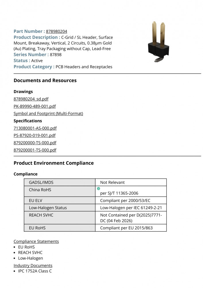 MOLEX 878980204 document preview, page 1