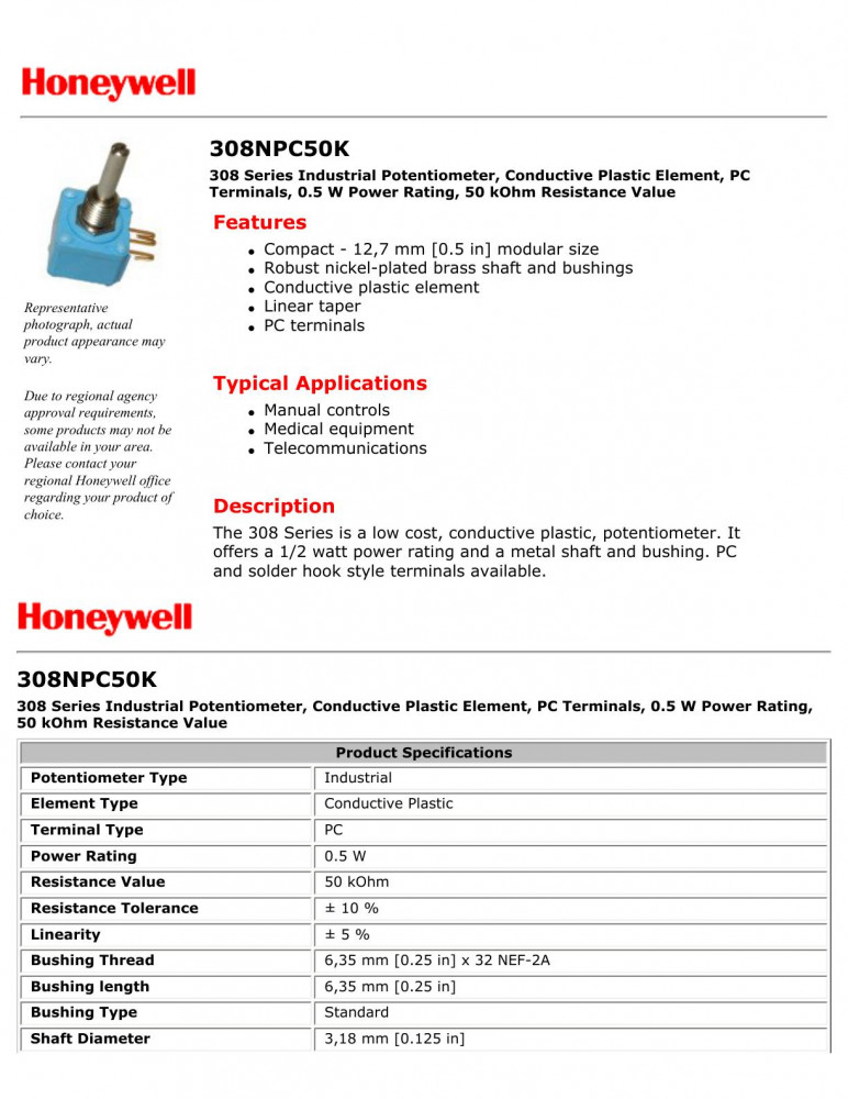 Honeywell 308NPC50K document page 1