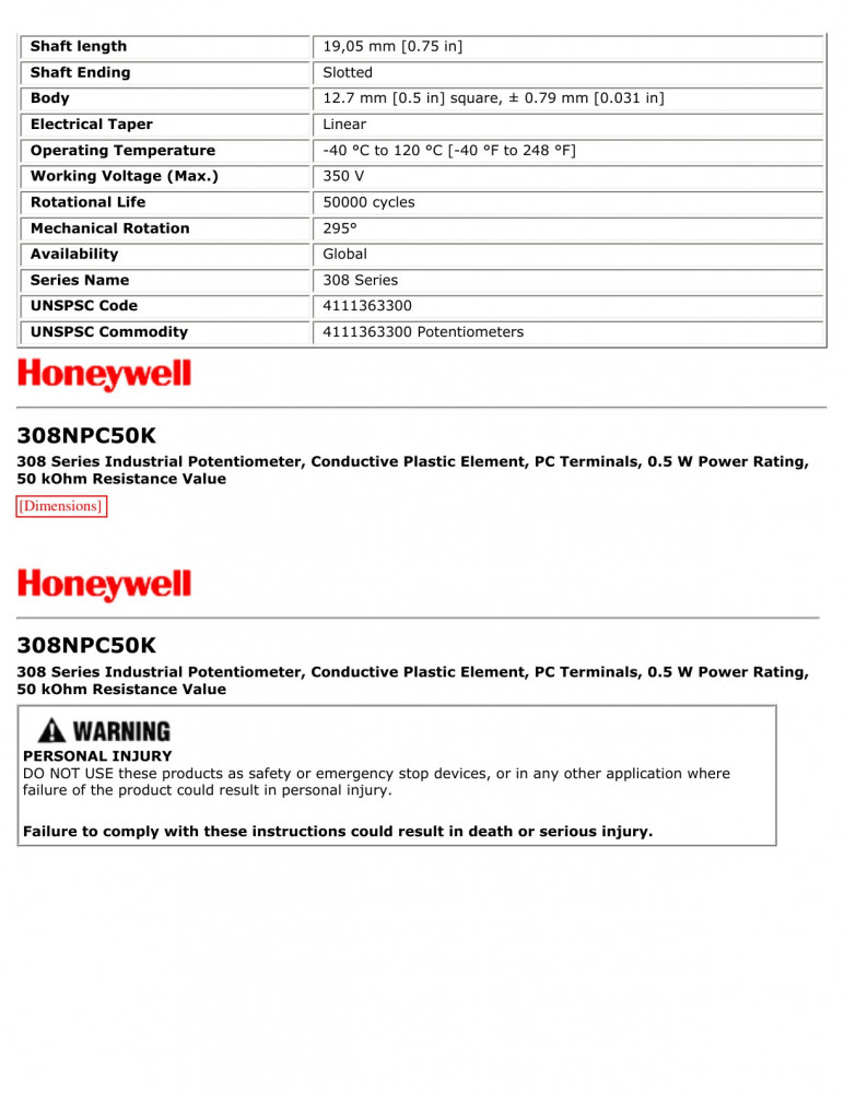 Honeywell 308NPC50K document page 2