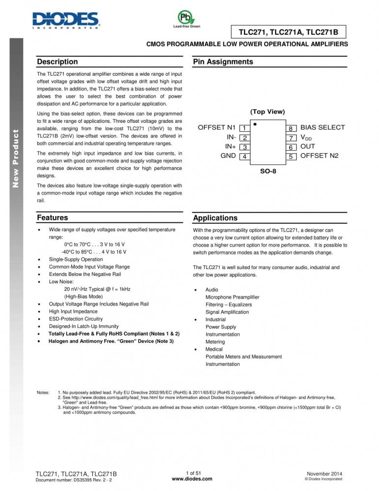 TLC271ACS-13 datasheet page 1