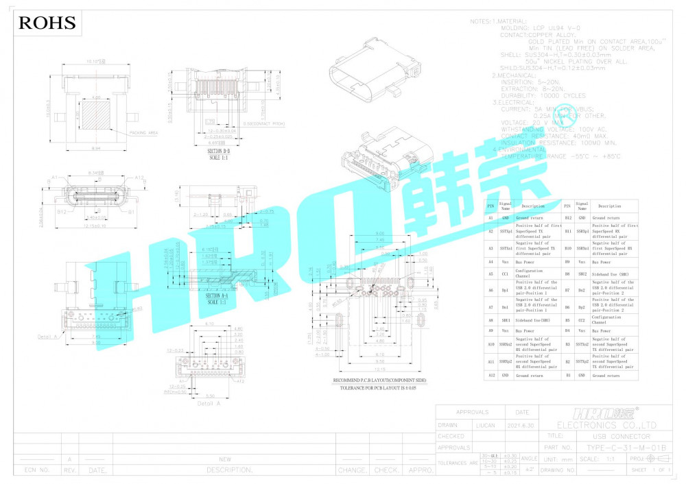 HRO TYPE-C-31-M-01B USB connector technical drawing