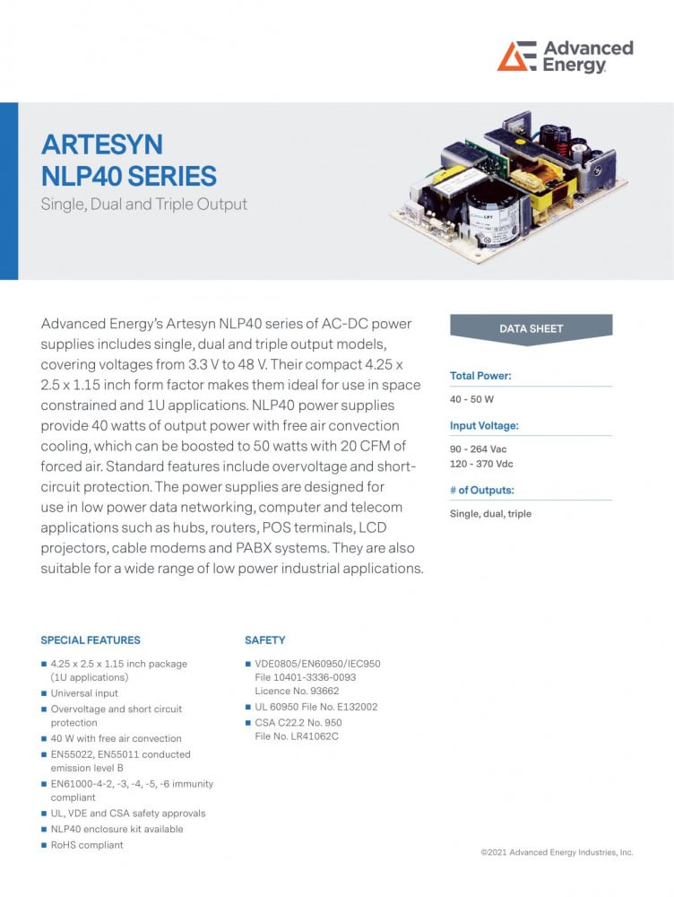 Artesyn NLP40 datasheet page 1