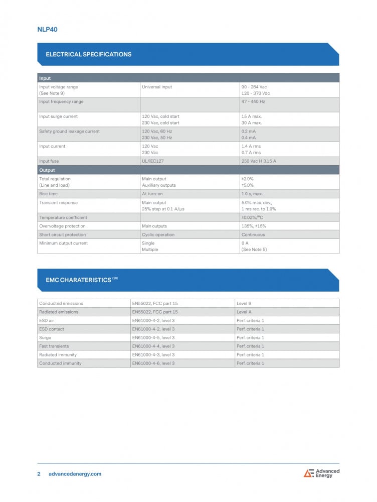 Artesyn NLP40 datasheet page 2