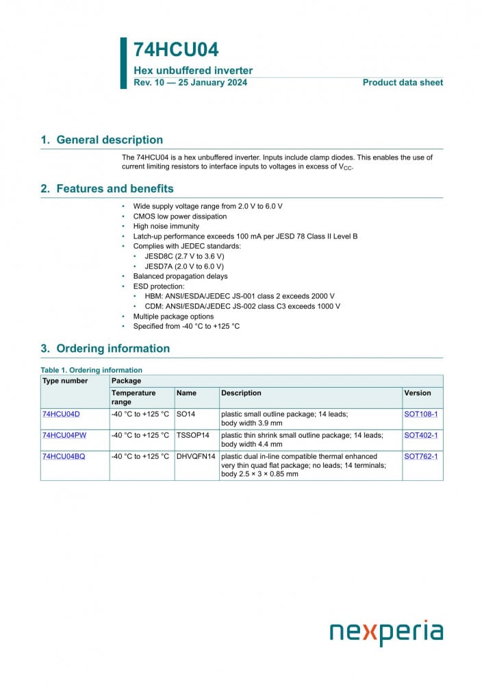 74HCU04D datasheet page 1