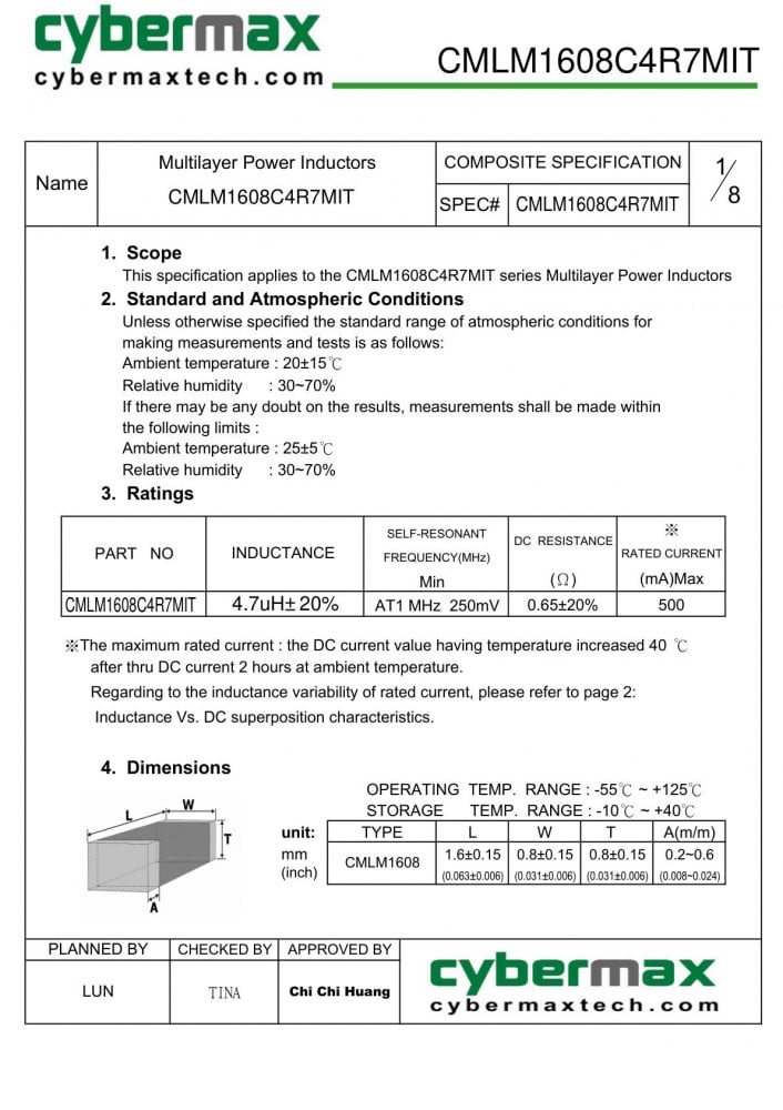 CMLM1608C4R7MIT datasheet page 1