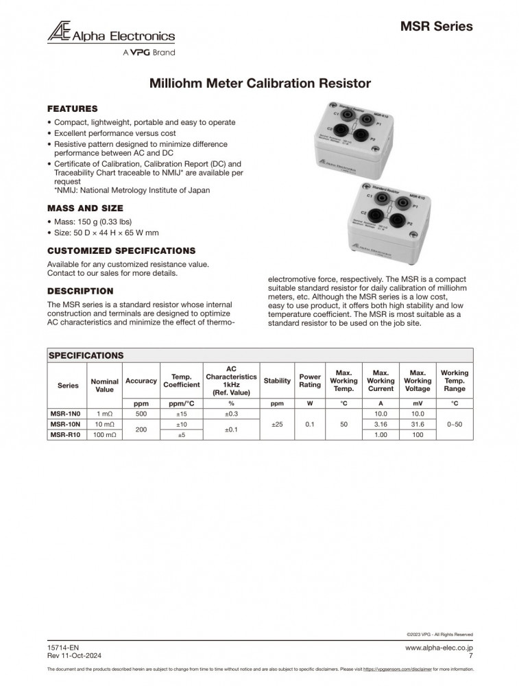 MSR Series milliohm meter calibration resistor product document preview