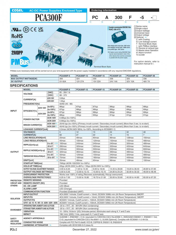 Cosel PCA series technical document page 2