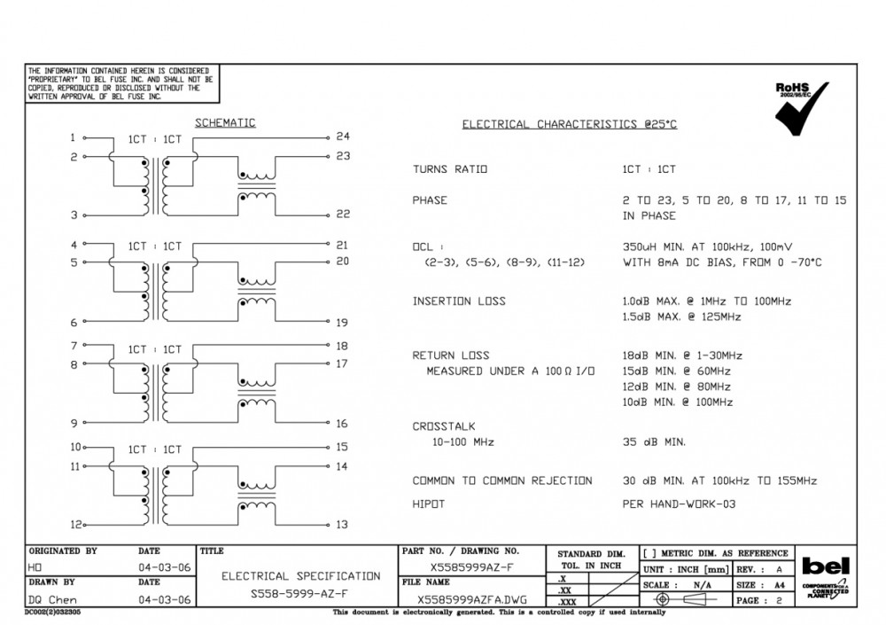 Bel Fuse S558-5999-AZ-F electrical specification drawing