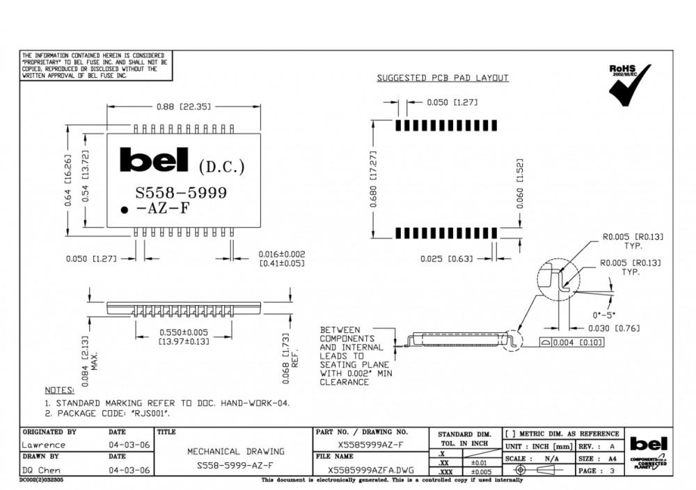 Bel Fuse S558-5999-AZ-F mechanical drawing
