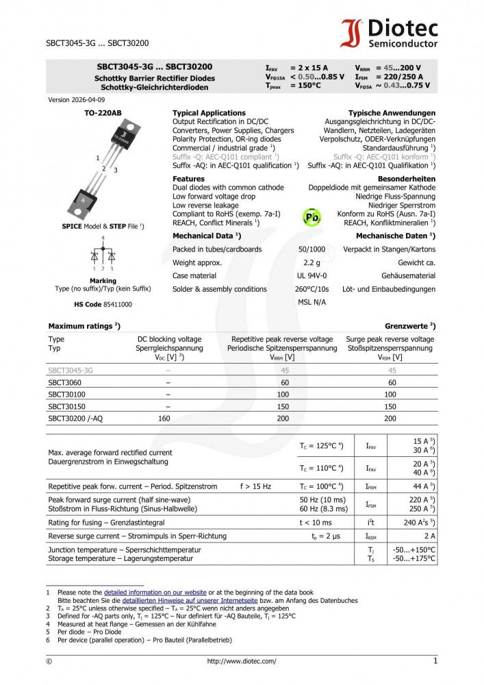 DIOTEC SBCT30100 datasheet page 1