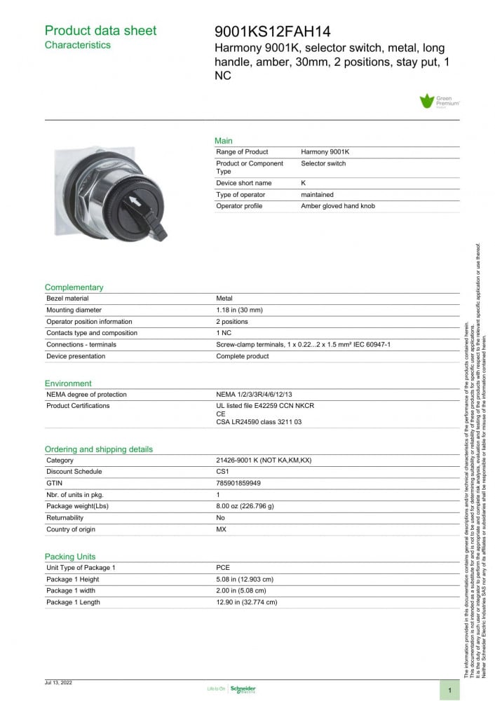 9001KS12FAH14 technical document page 1