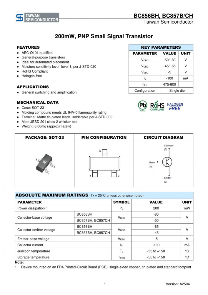 BC857CH datasheet page 1