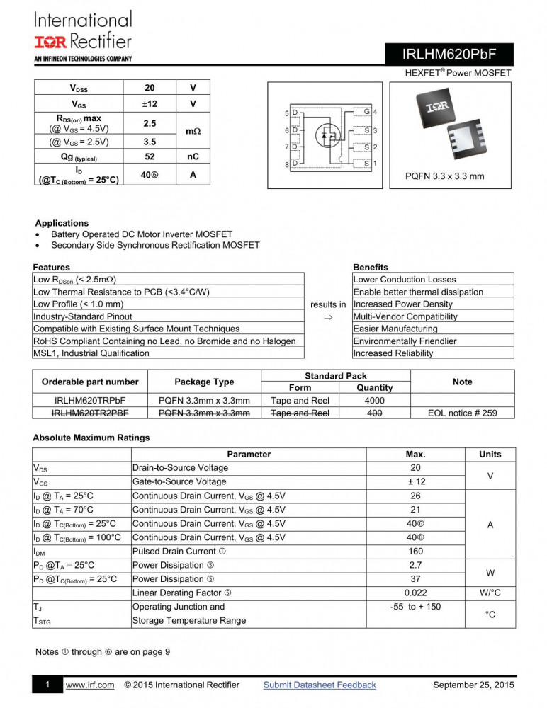 IRLHM620TRPBF datasheet page 1